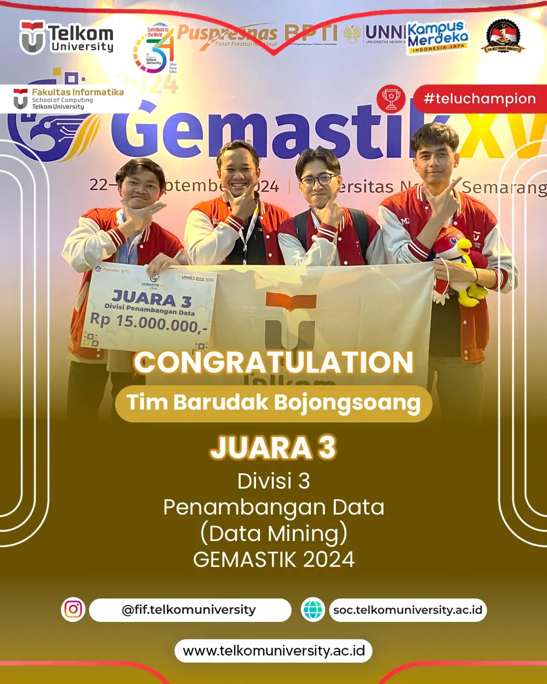 Tim Barudak Bojongsoang meraih Juara 3 GEMASTIK 2024 - S1 Sains Data